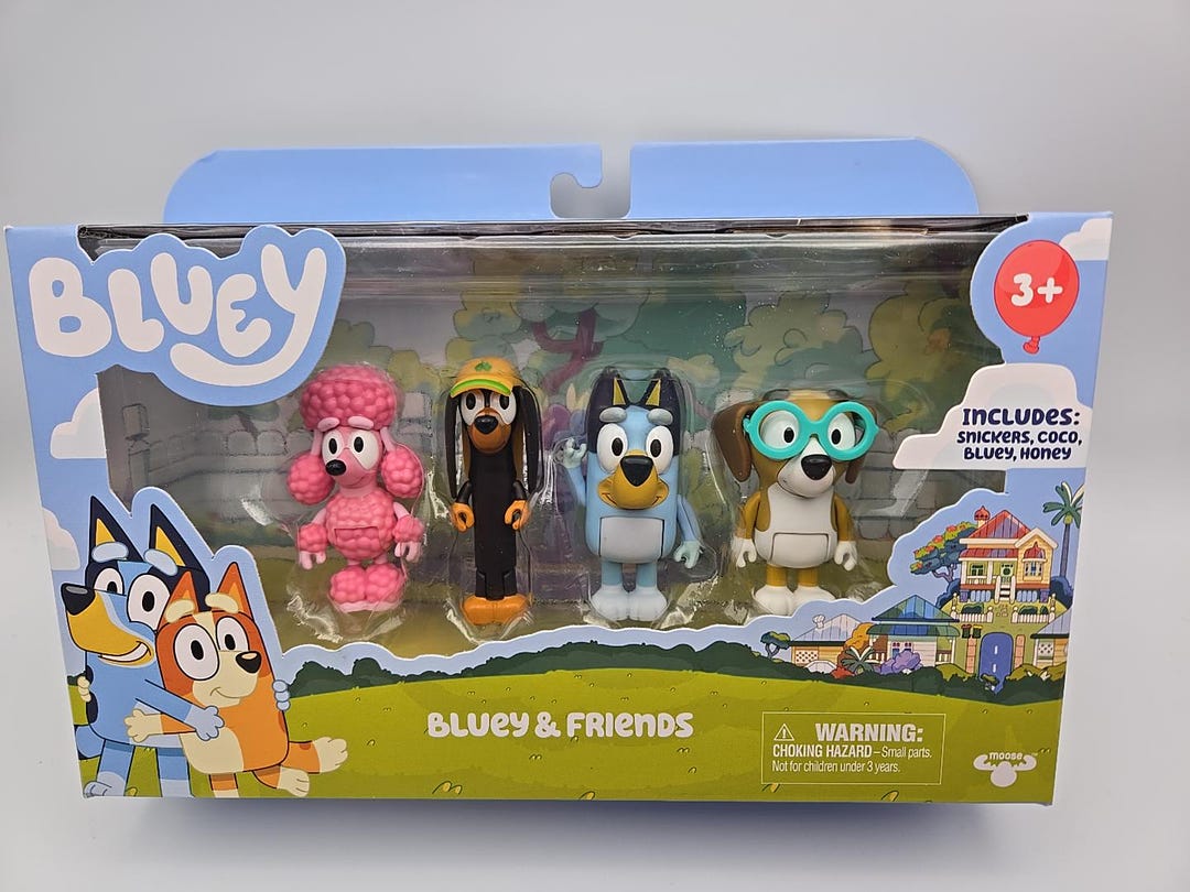Bluey and Friends 4 Pack - Poseable Figures Bluey, Snickers, Coco and ...