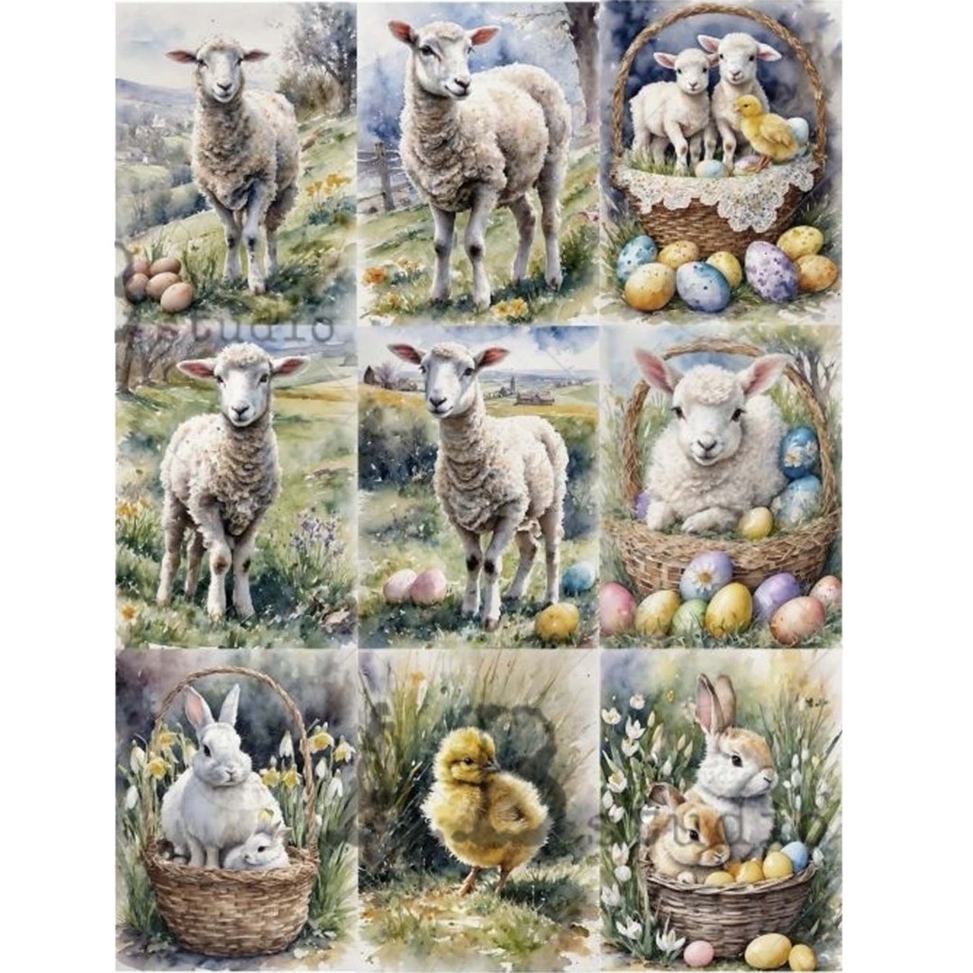 New Decoupage Paper Easter Lambs Bunnies Chicks AB Studio A4 Rice Paper ...