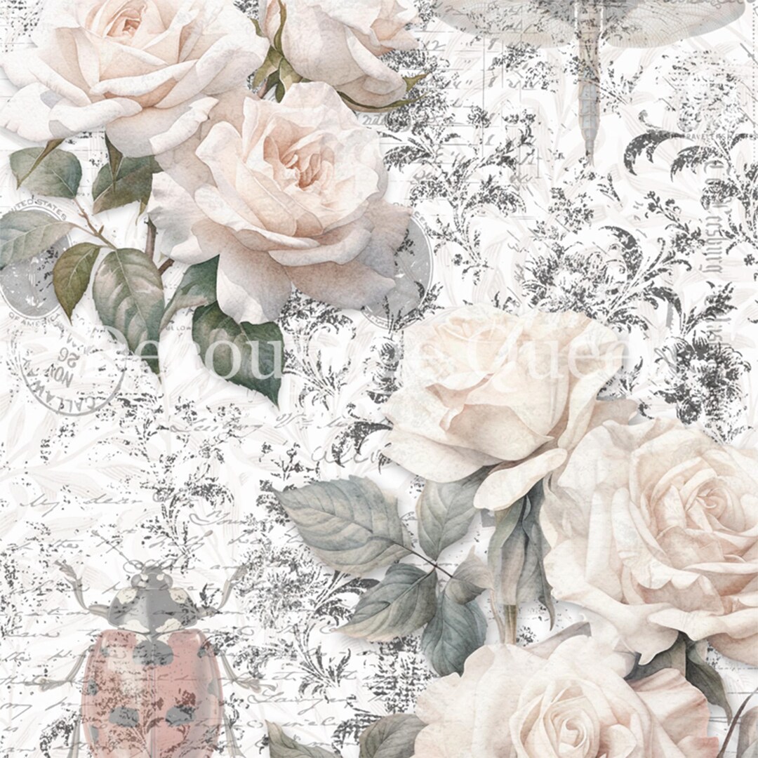 Vintage Cream Rose & Script – A1 Decoupage Rice Paper for Furniture ...