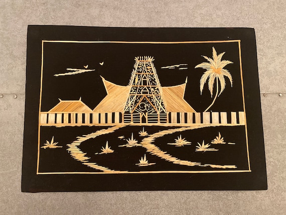 Vintage Chinese Cut Rice Straw Art on Black Linen Unframed | Etsy