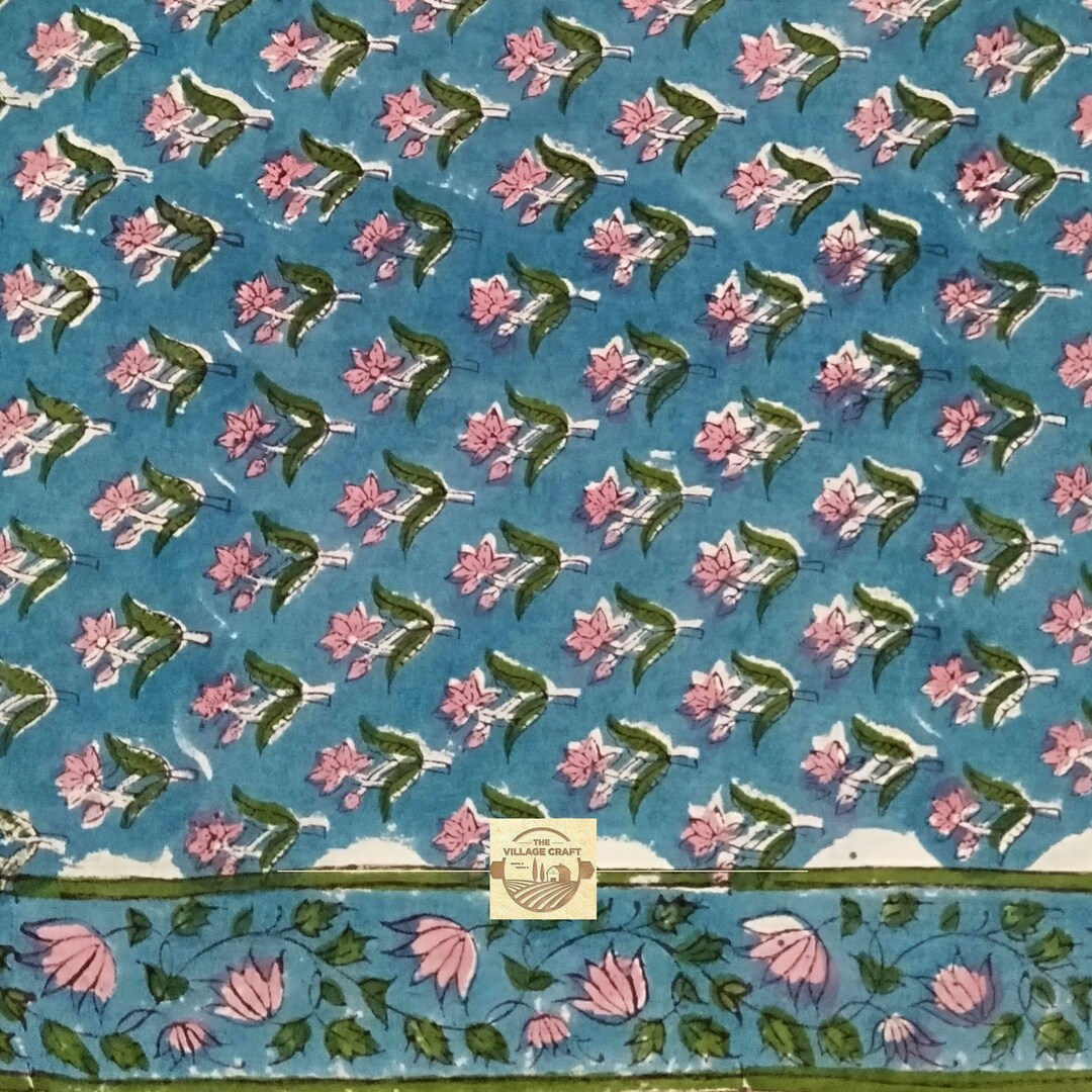 5 Yard Blue Floral Printed Border Hand Block Cotton Fabric organic ...
