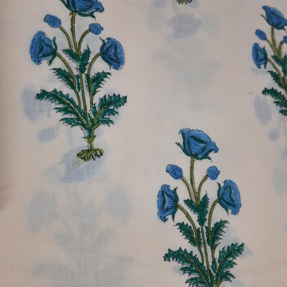 Off White With Blue Floral Blockprint Fabric by the Yard - Etsy
