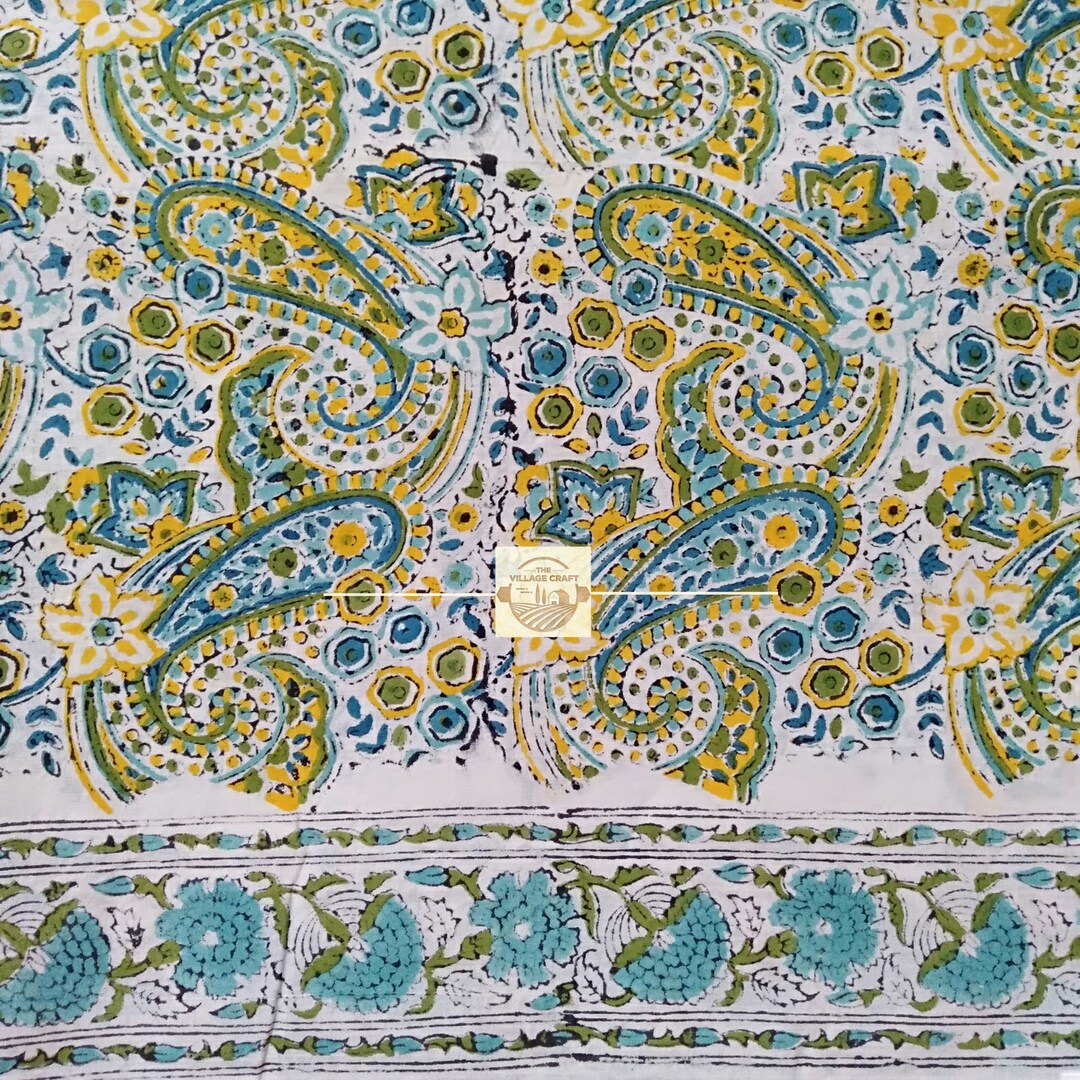 3 Yard White & Yellow Floral Block Print Fabric, Yellow Green Block ...