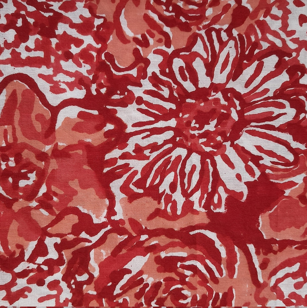 3 Yard Bright Red Floral Block Print Fabric #big Floral Fabric #red ...