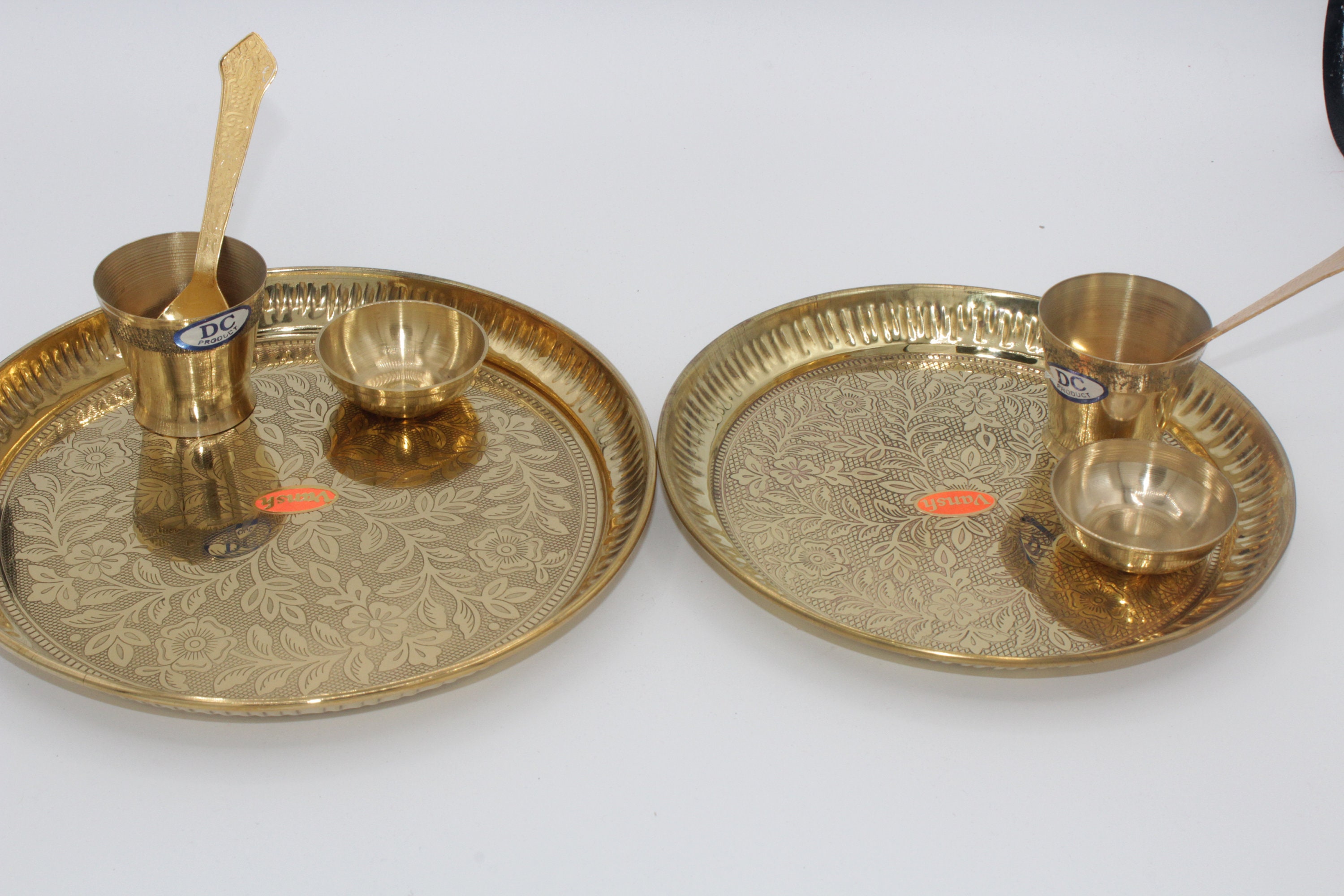 Brass 4pc Set Bhog Thali Hindu Rituals, (plate, Katori, Glass, Spoon ...