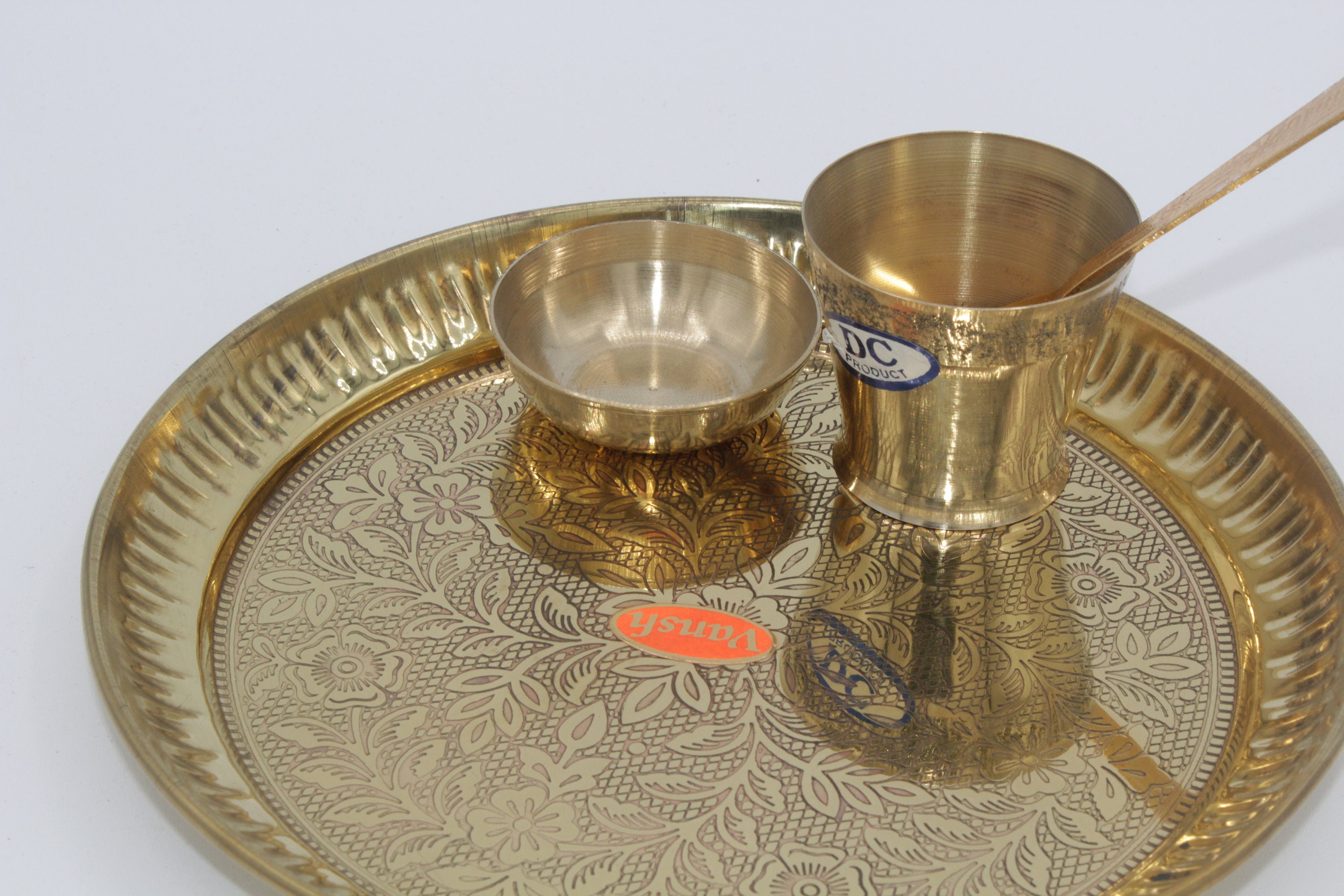 Brass 4pc Set Bhog Thali Hindu Rituals, (plate, Katori, Glass, Spoon ...