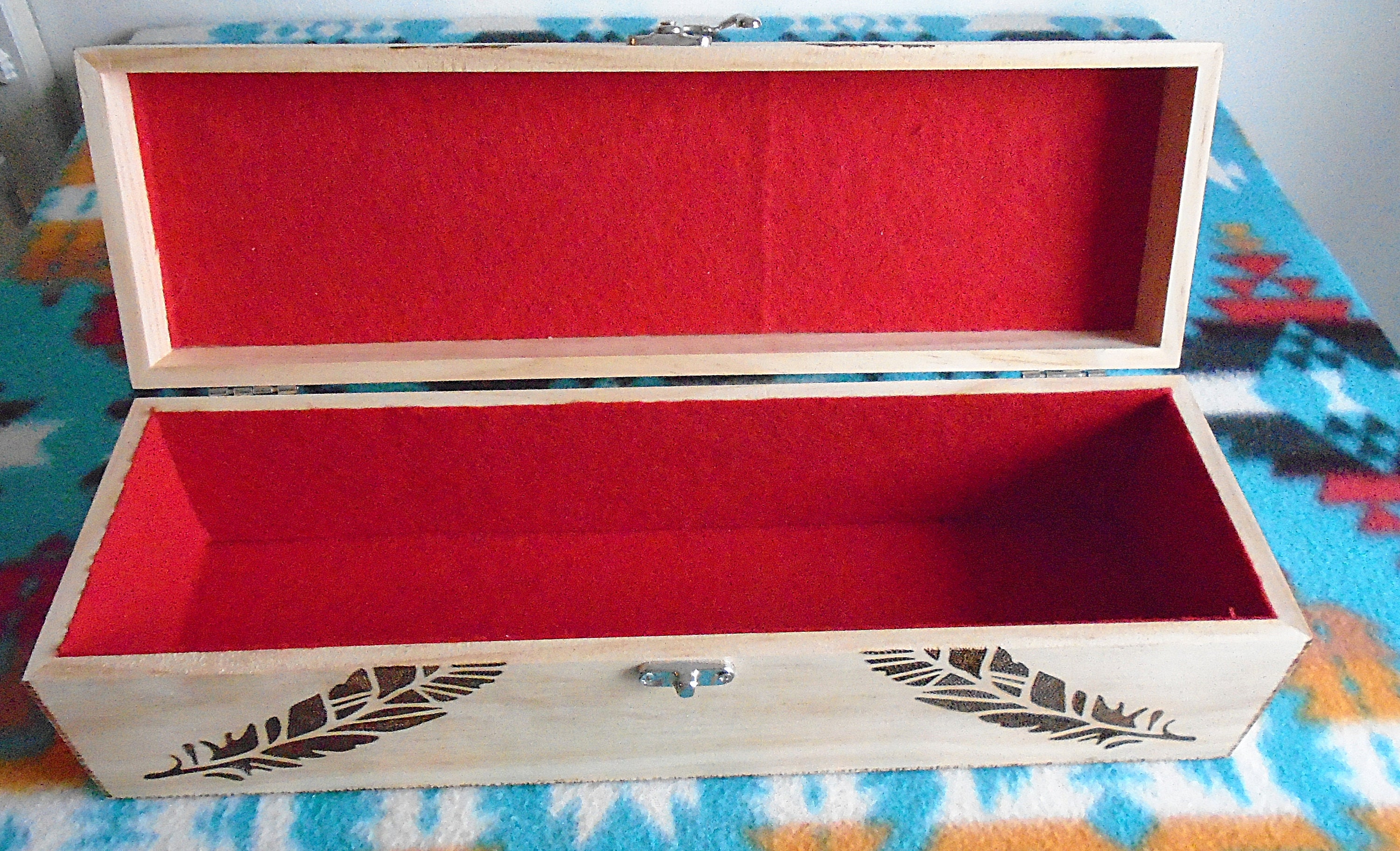 Native American Wooden Feather Box W/ Burned Feathers, Bear & Bear Paws ...