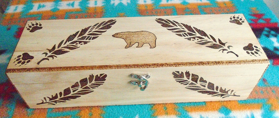 Native American Wooden Feather Box W/ Burned Feathers, Bear & Bear Paws ...