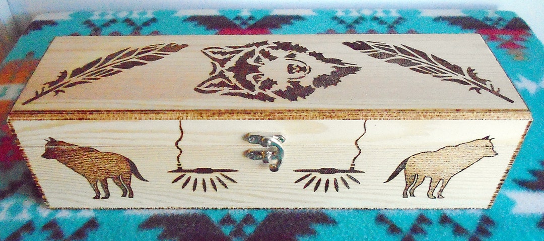 Native American Beige Wooden Feather Box W/ Burned Wolf Face & Feathers ...