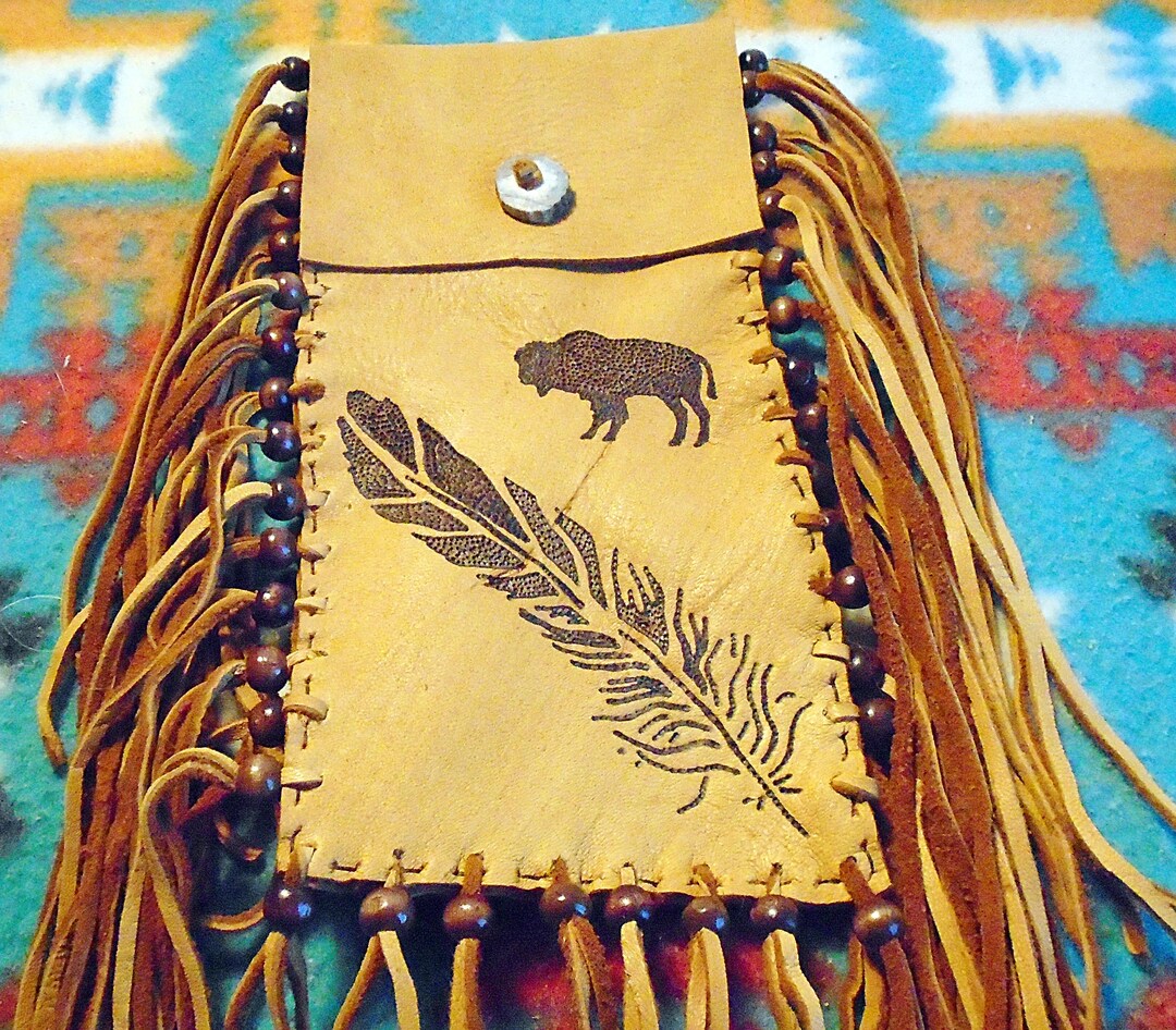 Native American Light Brown Deerskin Leather Tobacco Bag W/ Burned ...