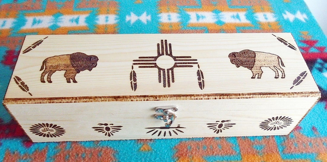 Native American Wooden Feather Box W/ Burned 4 Directions & Bison - Etsy
