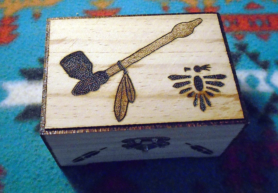 Native American Wooden Jewelry Box W/ Burned Peace Pipe & Thunderbird ...