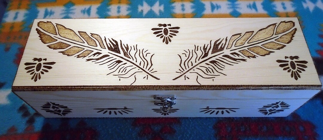 Native American Wooden Feather Box W/ Burned Feathers & Thunderbird - Etsy