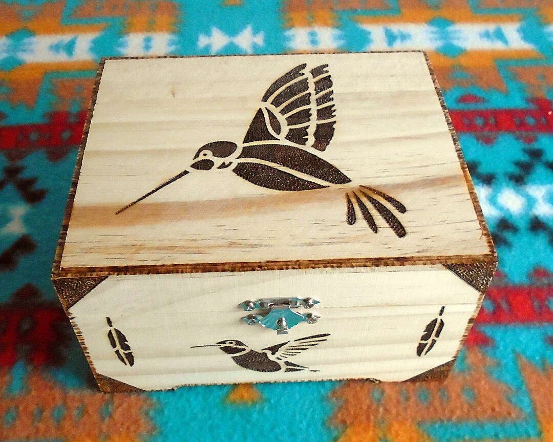 Native American Wooden Jewelry Box W/ Burned Hummingbird & Feathers - Etsy