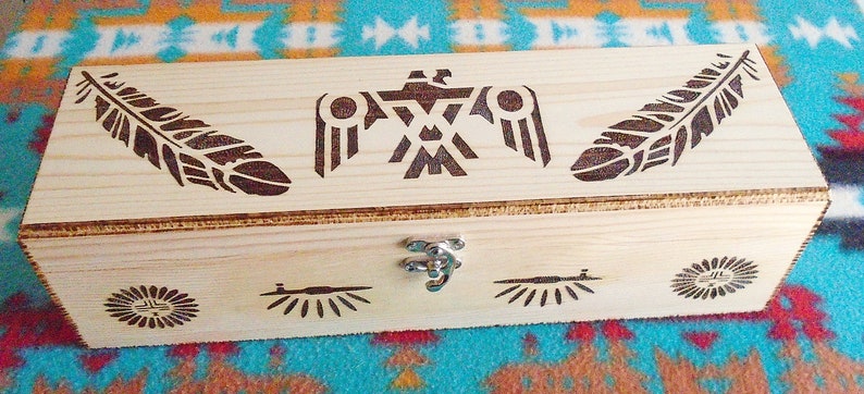 Native American Wooden Feather Box W/ Burned Thunderbird & Feathers - Etsy