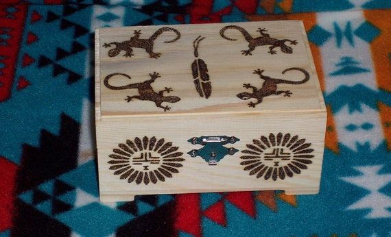 Native American Authentic Jewelry Box Wood W/ Burned Geckos | Etsy
