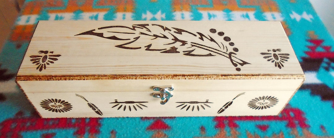 Native American Beige Wooden Feather Box W/ Burned Feather ...
