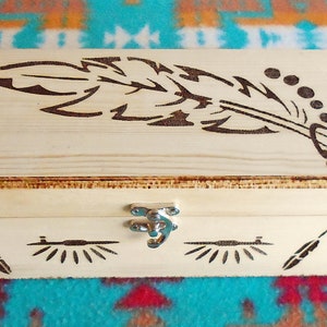 Native American Beige Wooden Feather Box W/ Burned Feather ...