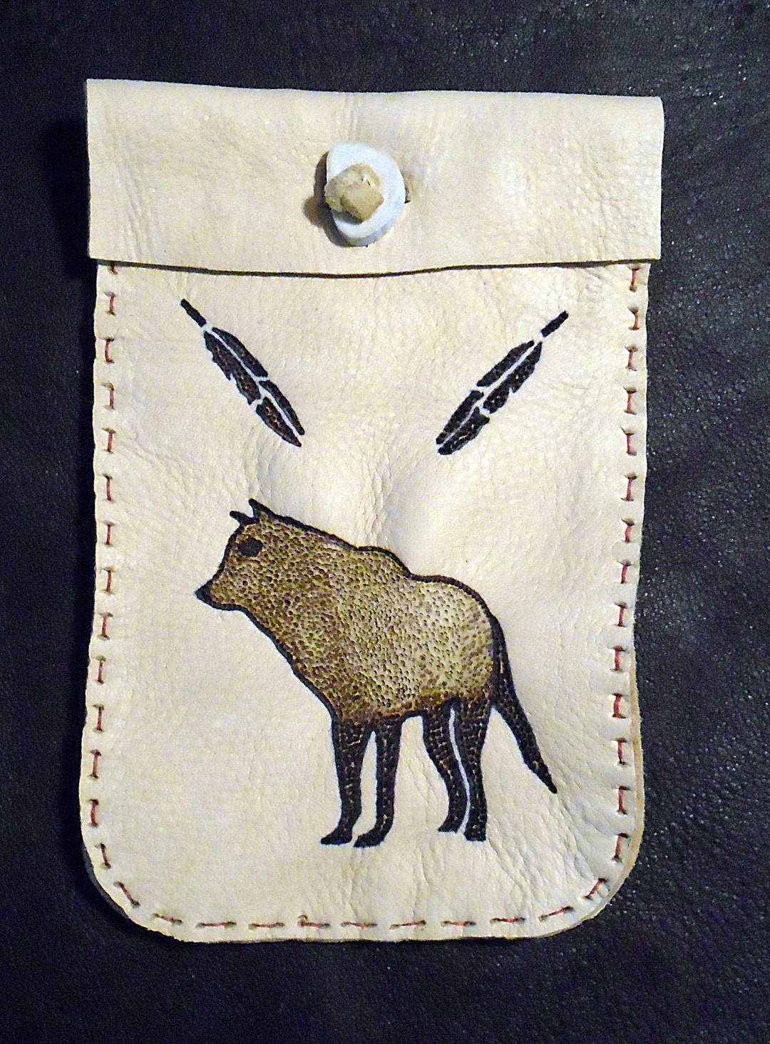 Native American Beige Colored Deerskin Leather Utility Bag W/ Burned ...