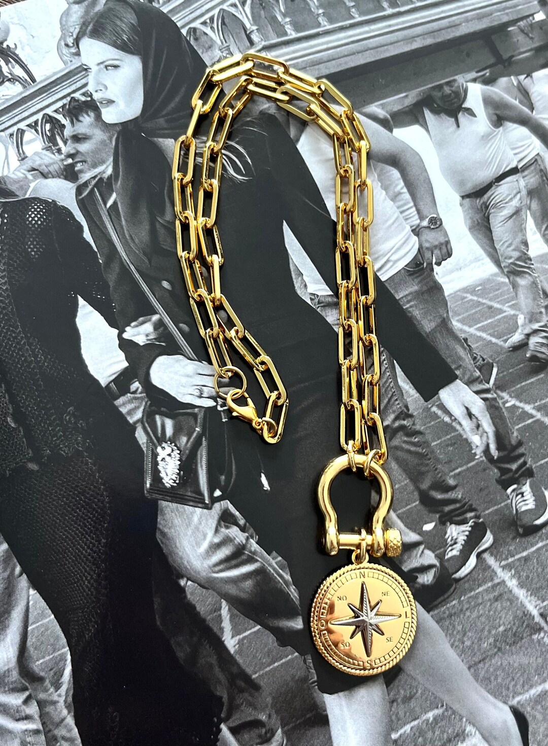 Gold Horseshoe Necklace, Compass Pendant Necklace, Explore Your World ...
