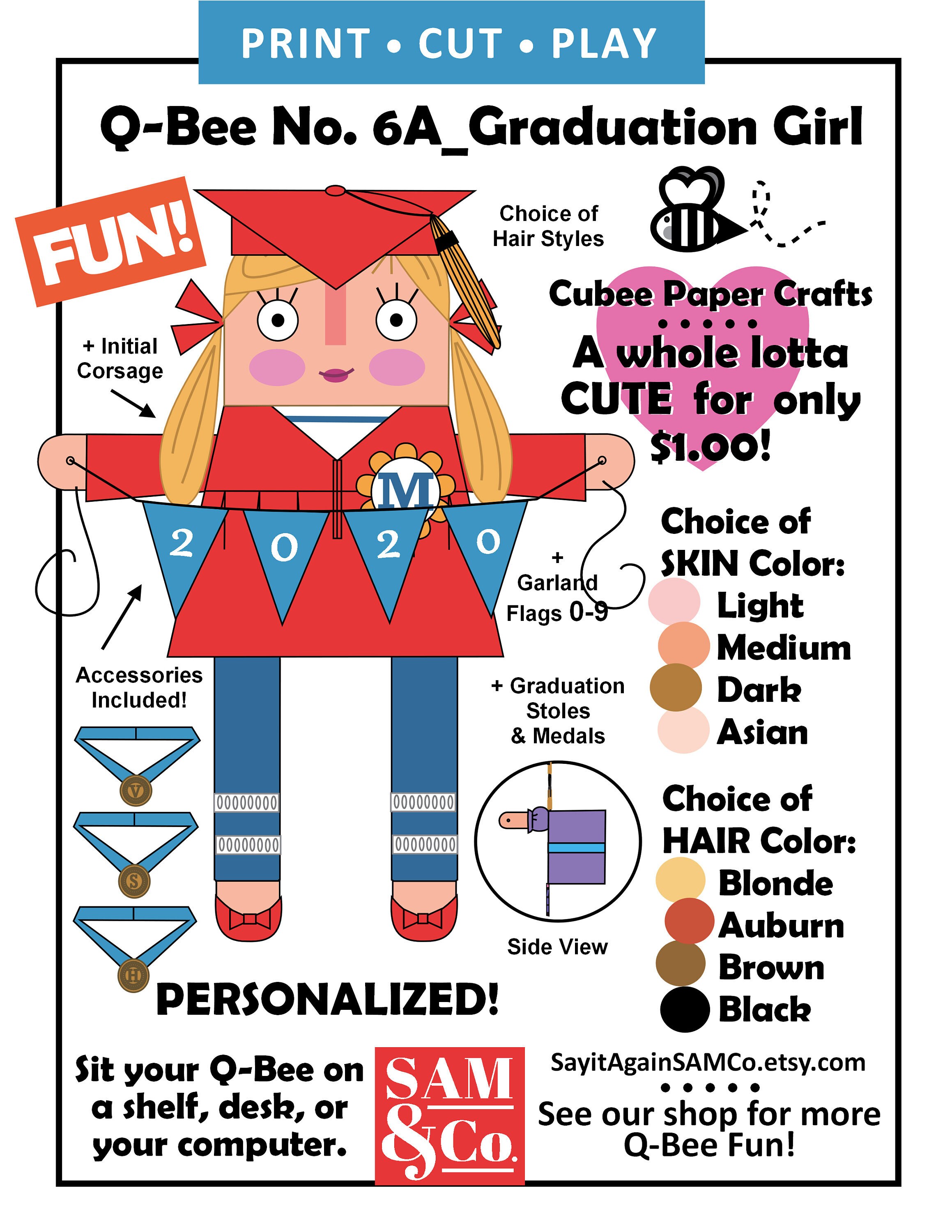 Cubee Paper Doll Craft_no. 6A Q-bee GRADUATION Girl_personalized! Lt ...
