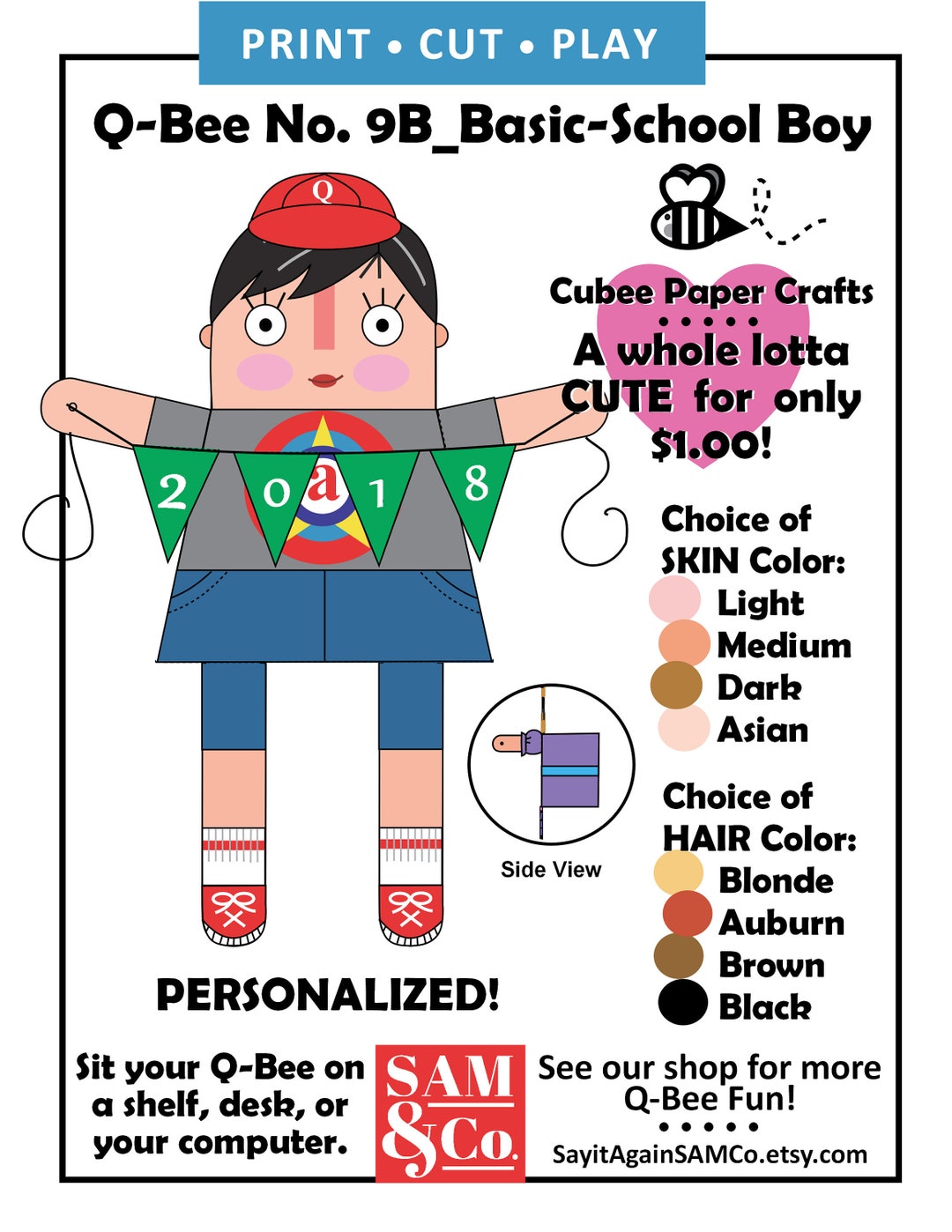 PERSONALIZED Cubee Paper Craft_no. 9B Q-bee Basic - School Boy_light ...