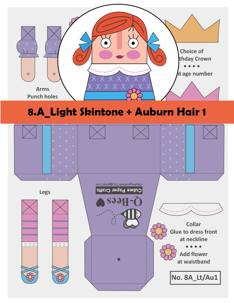 PERSONALIZED Cubee Paper Craft_no. 8A Q-bee_birthday Girl_light Skin ...
