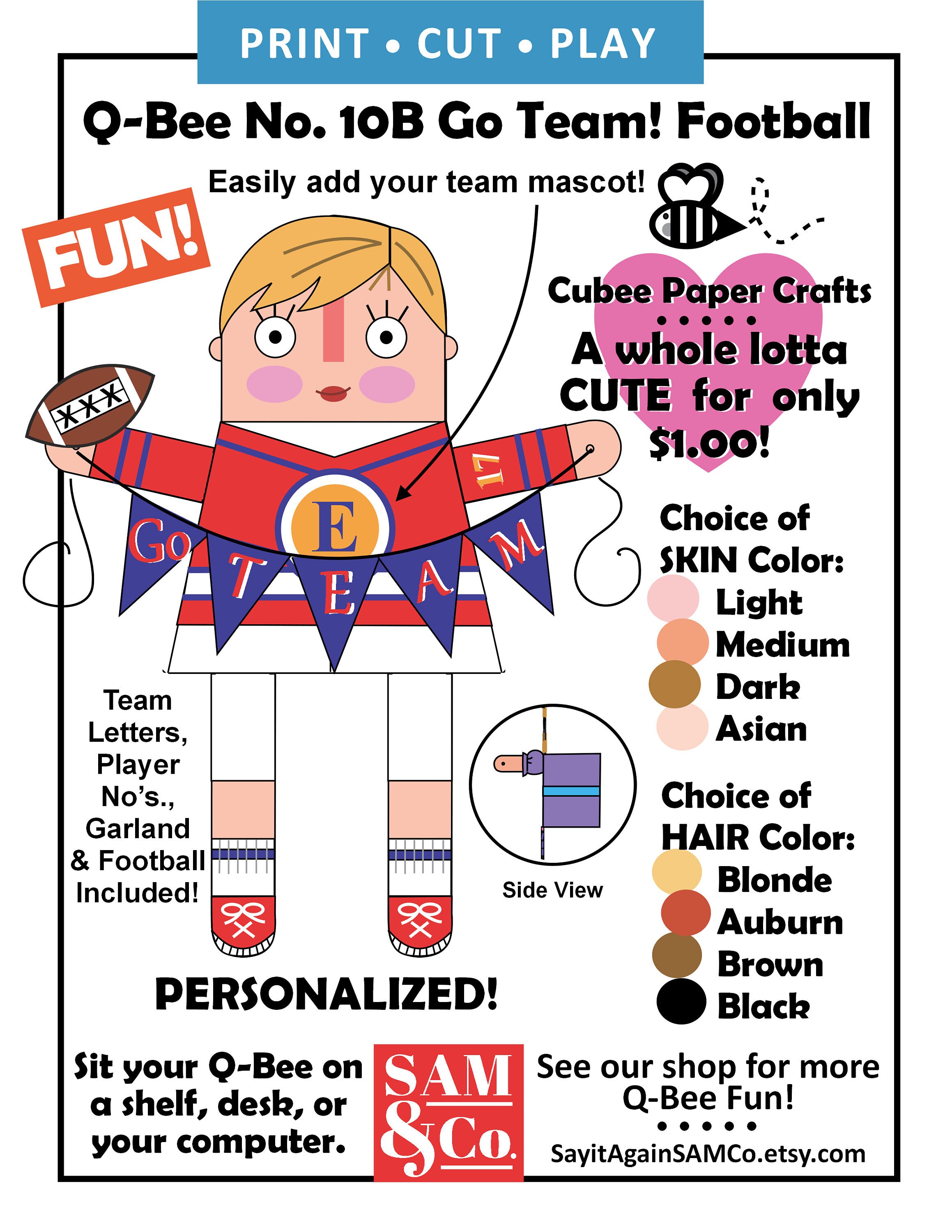 PERSONALIZED Cubee Paper Craft_no. 10B Q-bee Go Team Football_light ...