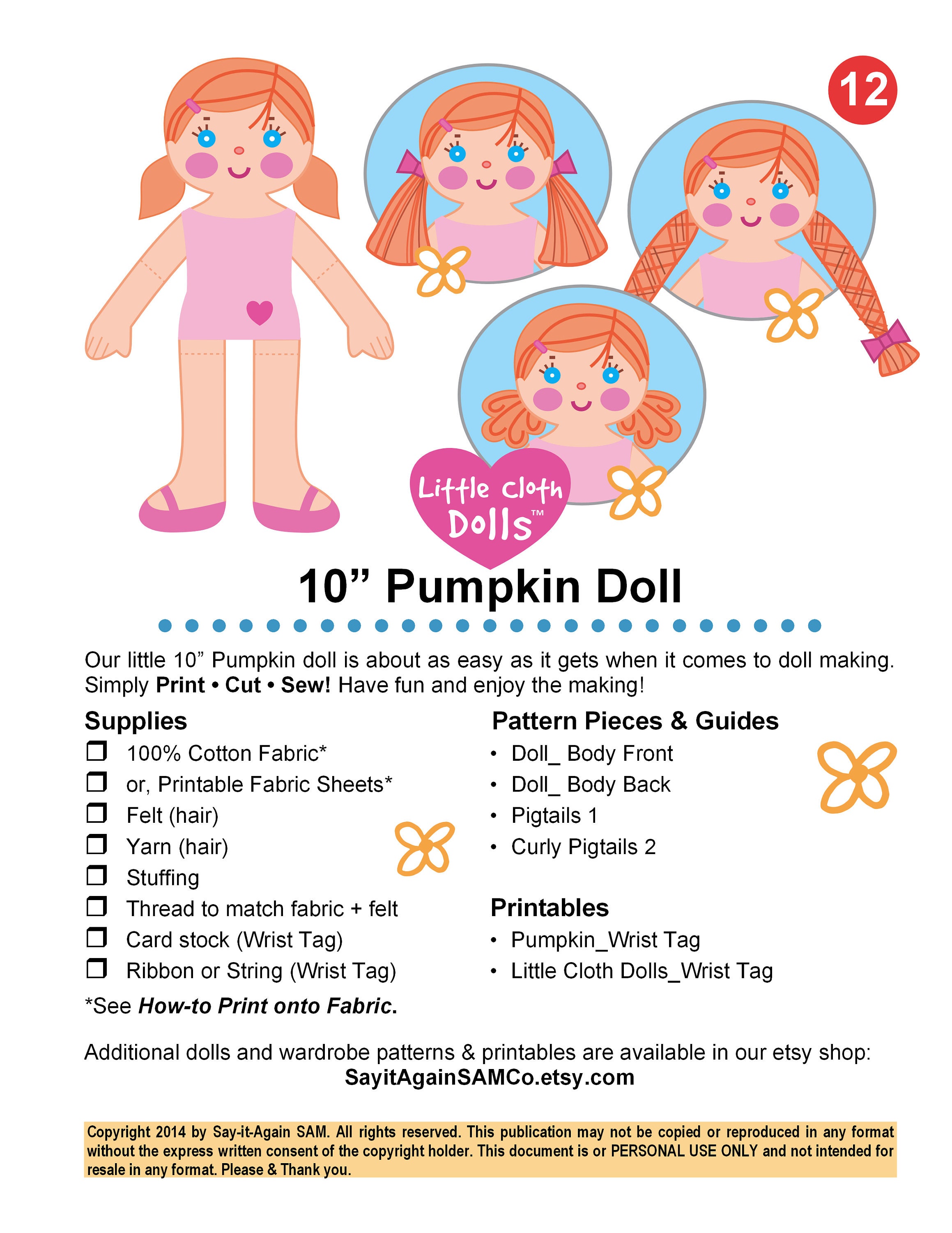Cloth Doll Pattern Book_10" PUMPKIN Doll & Doll Clothes + Travel Bag ...