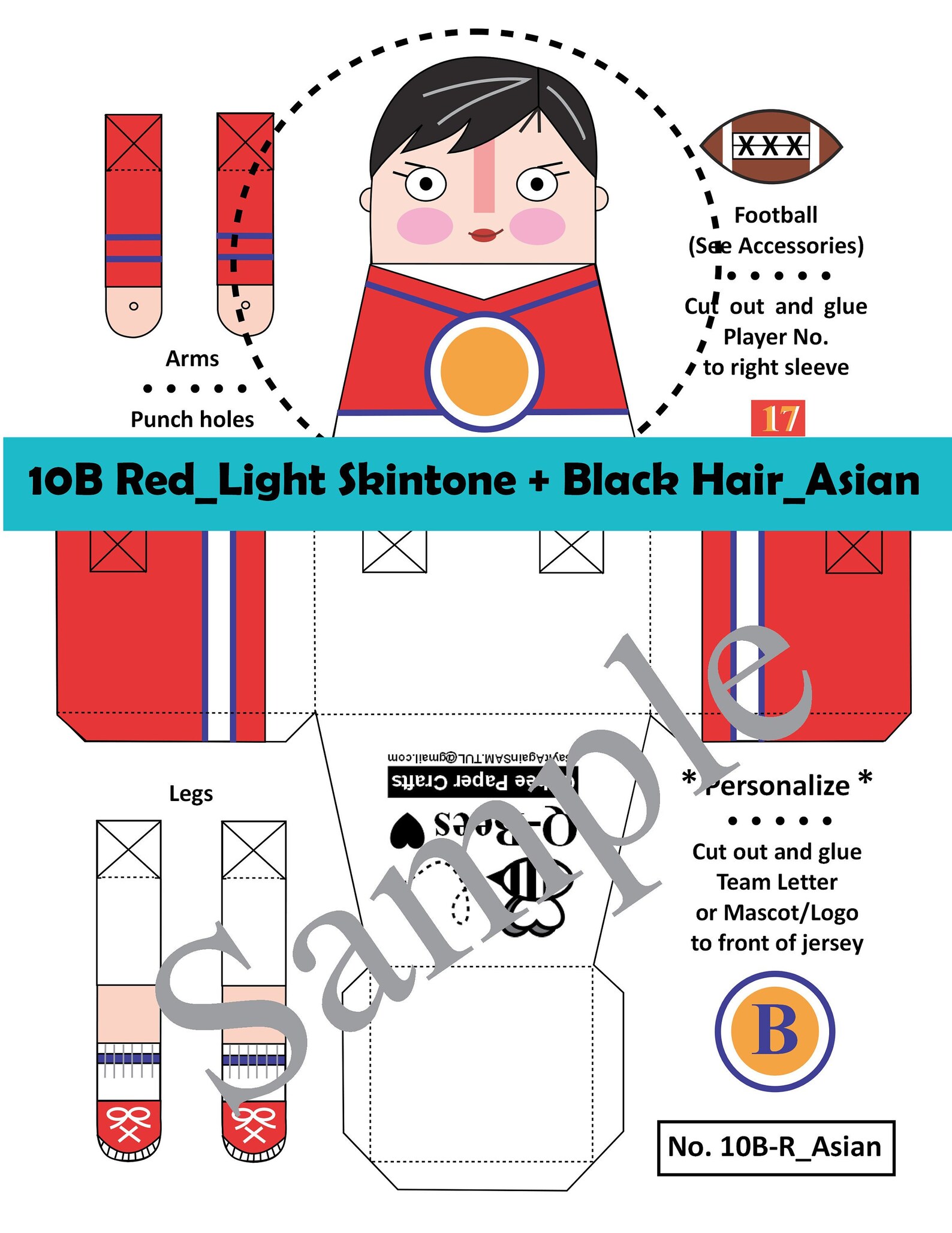 PERSONALIZED Cubee Paper Craft_no. 10B Q-bee Go Team! FOOTBALL Player ...