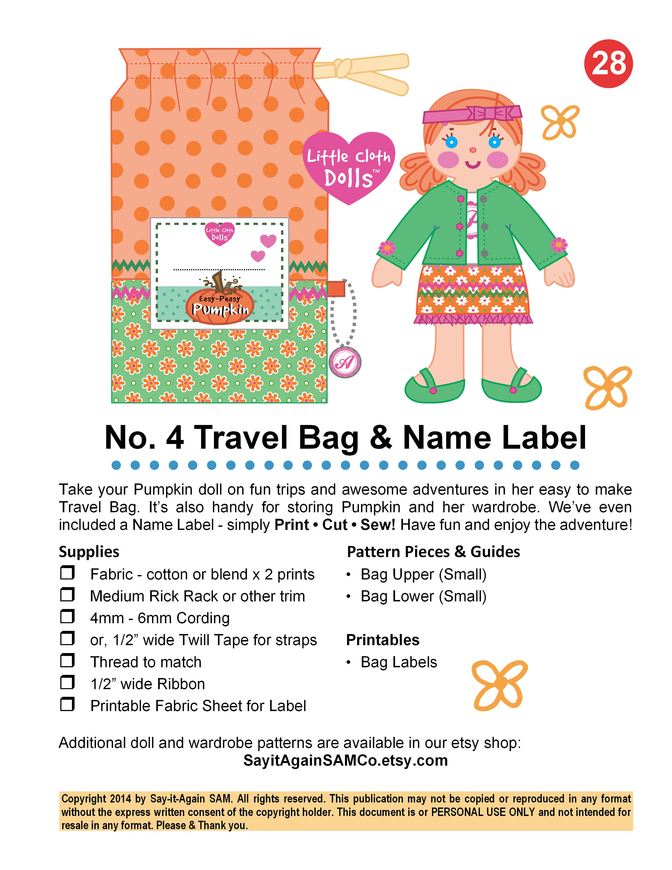 Cloth Doll Pattern Book_10" PUMPKIN Doll & Doll Clothes + Travel Bag ...