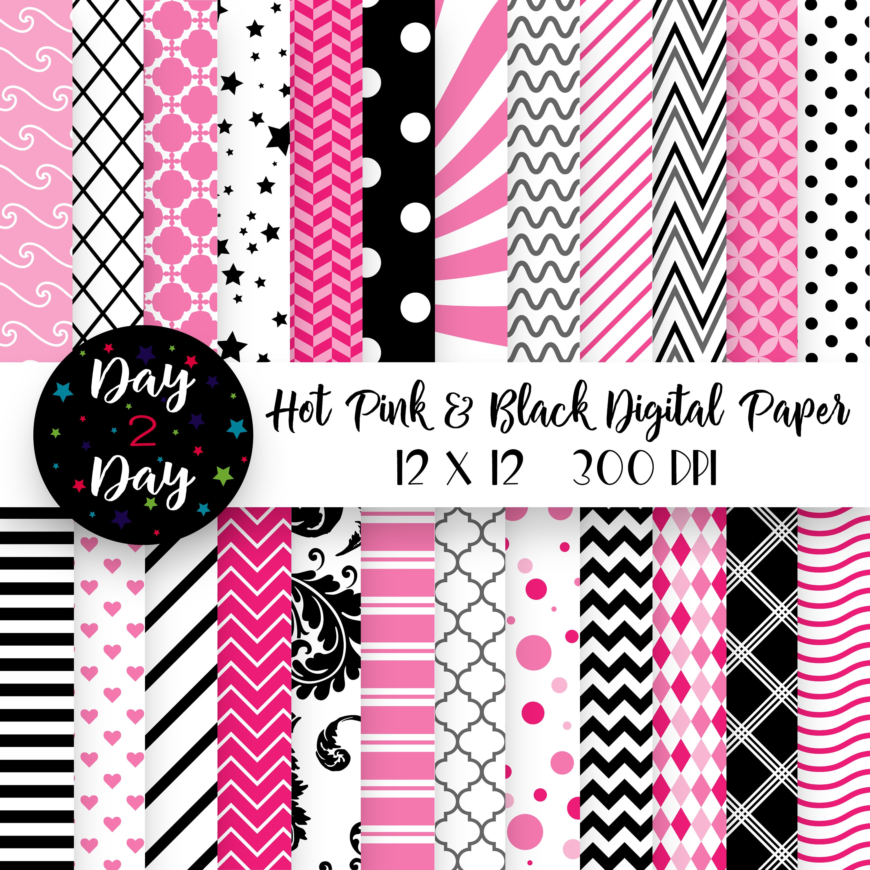 Hot Pink and Black Digital Paper Pack ~ Commercial Use ~ 300 Dpi ~ 12 ...