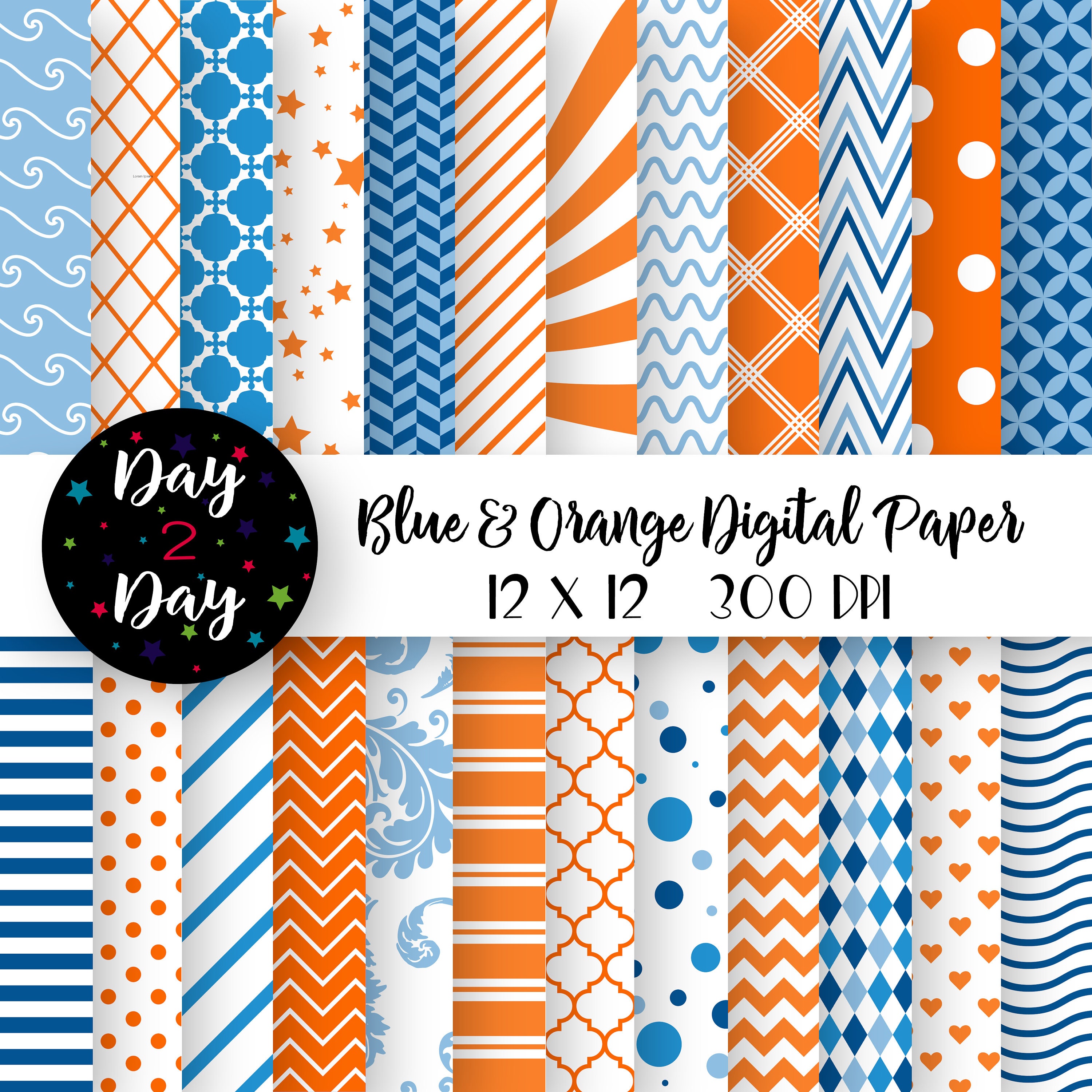Blue and Orange Digital Paper Pack ~ Commercial Use ~ 300 Dpi ~ 12 in ...