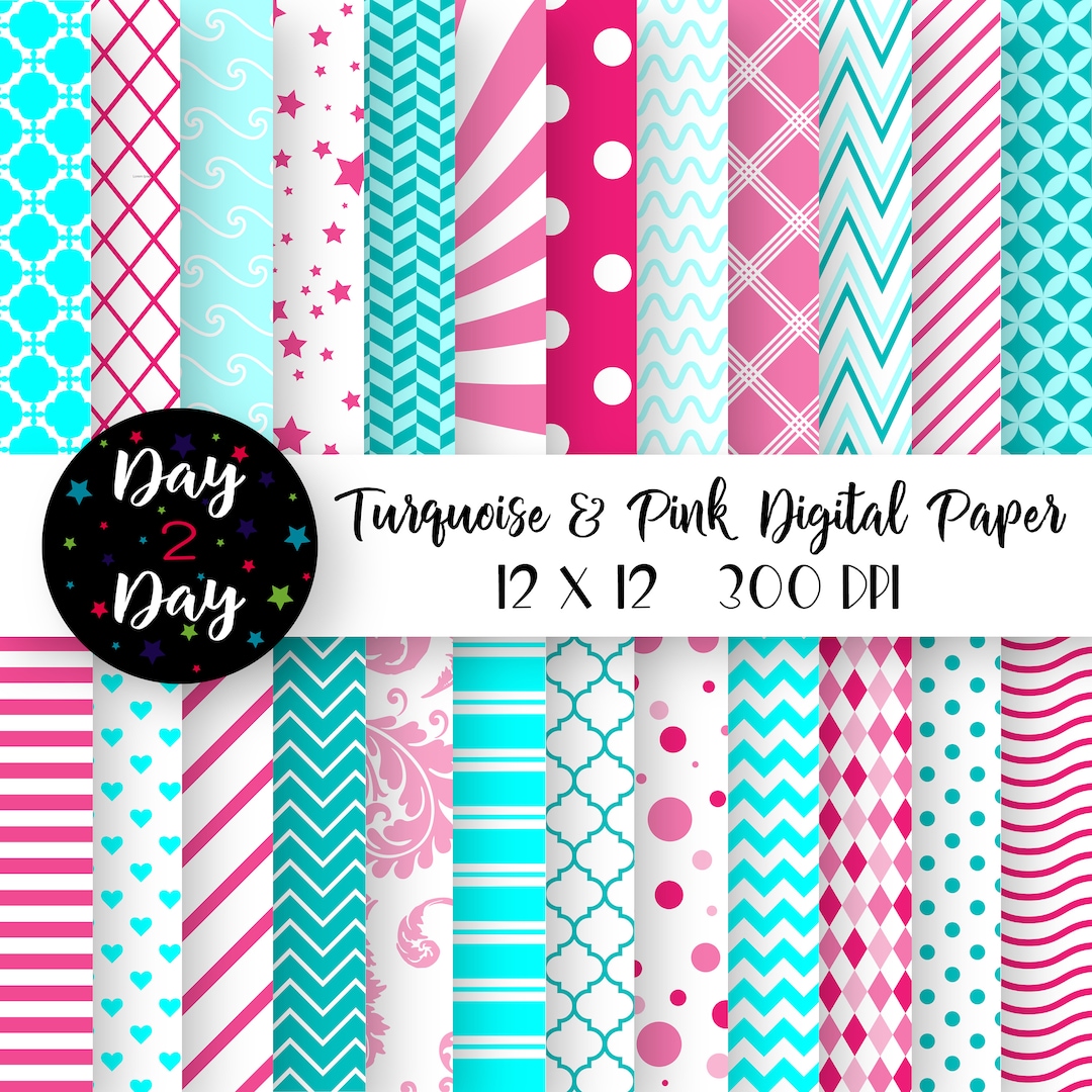 Turquoise & Hot Pink Digital Paper Pack: Scrapbook Patterns (digital ...