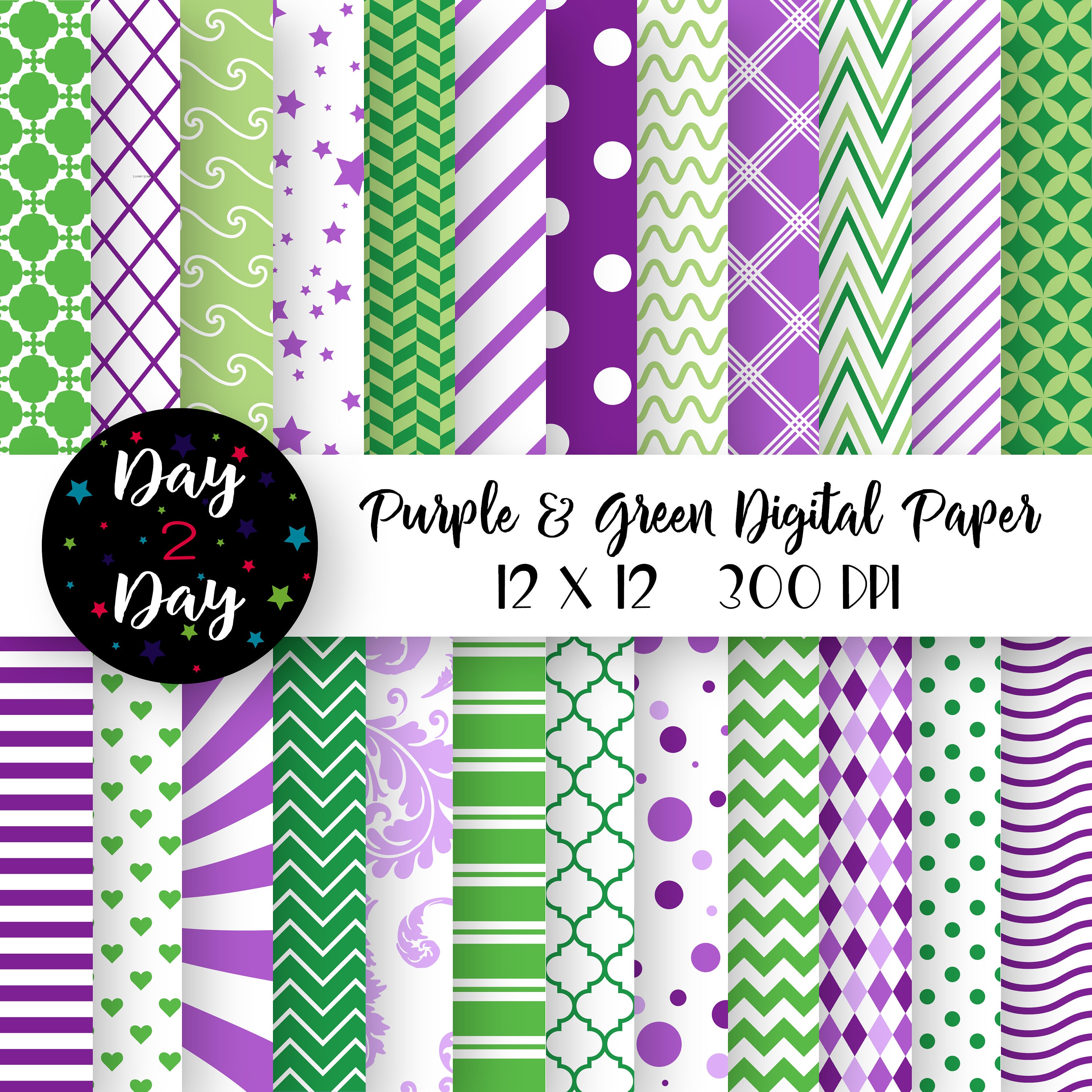 Purple and Green Digital Paper Pack ~ Commercial Use ~ 300 Dpi ~ 12 in ...