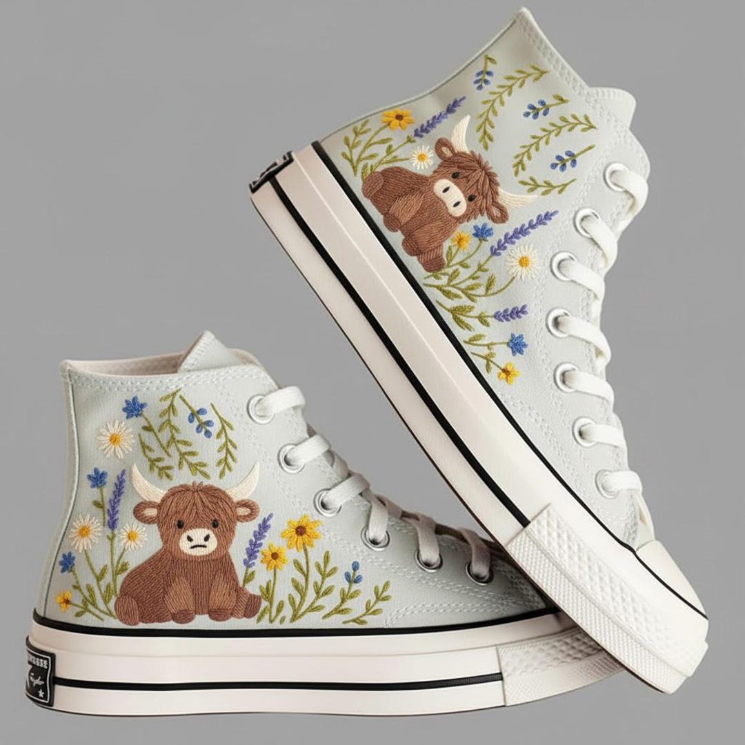Highland Cow Embroidered Converse Shoes, Custom Floral Cow Sneakers ...