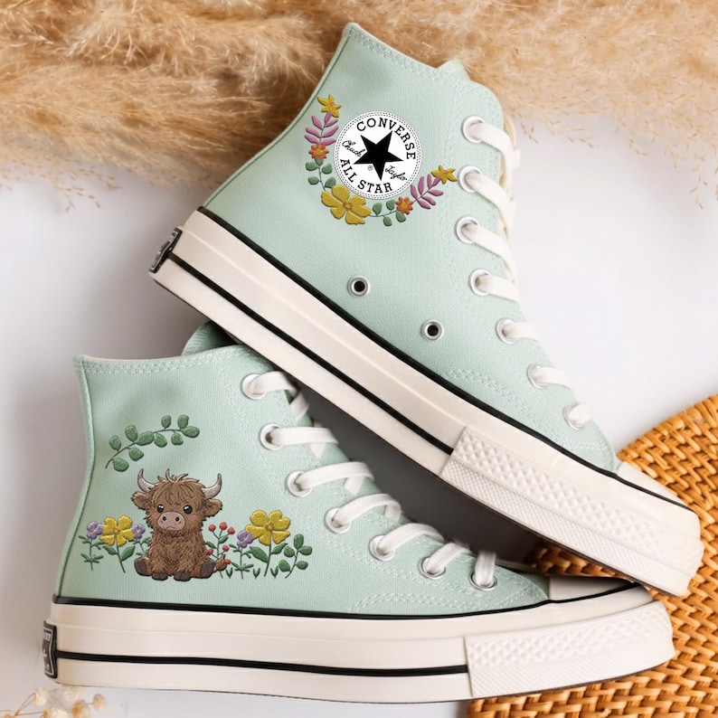 Highland Cow Converse, Embroidered Farm Animal Shoes, Cream Custom High ...