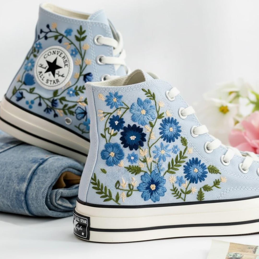Embroidered Converse Shoes, Custom Floral High Tops, Handmade Blue ...