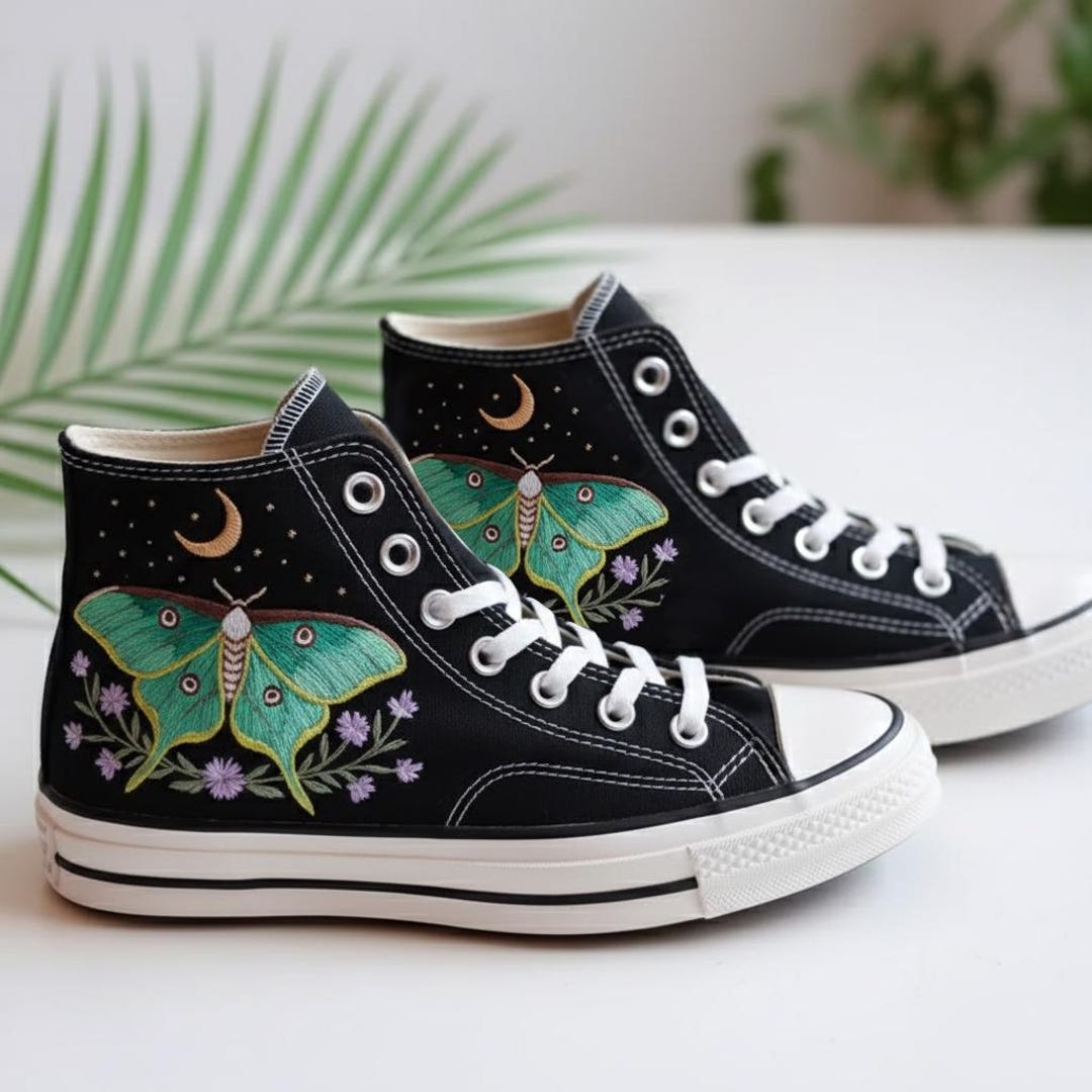 Moth Embroidered Converse Shoes, Moon and Stars Black High Tops, Custom ...