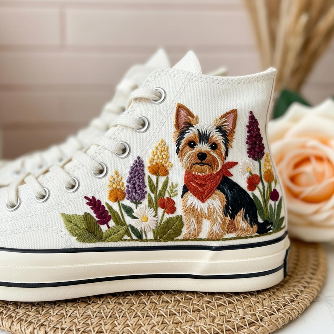 Custom Dog Embroidered Converse Shoes, Dog Portrait With Floral ...