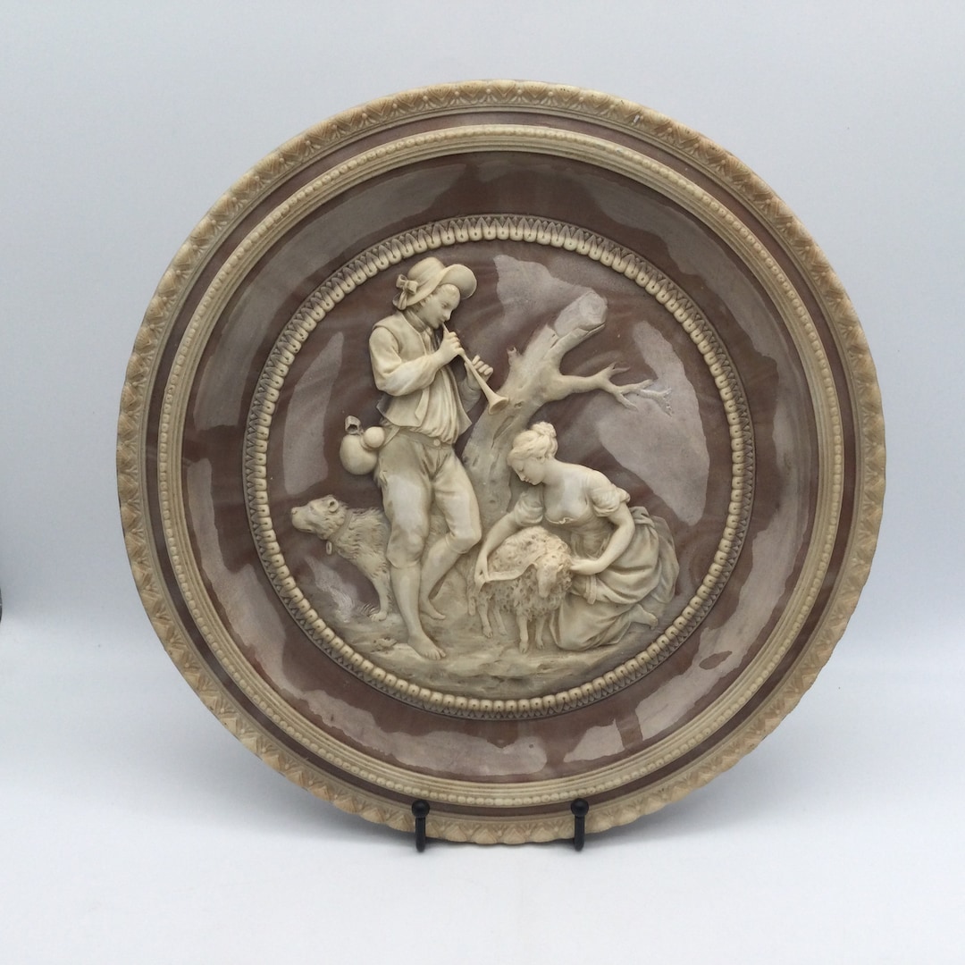 Vintage 13” Incolay Stone Plate With Man and Woman With Lamb and Dog ...