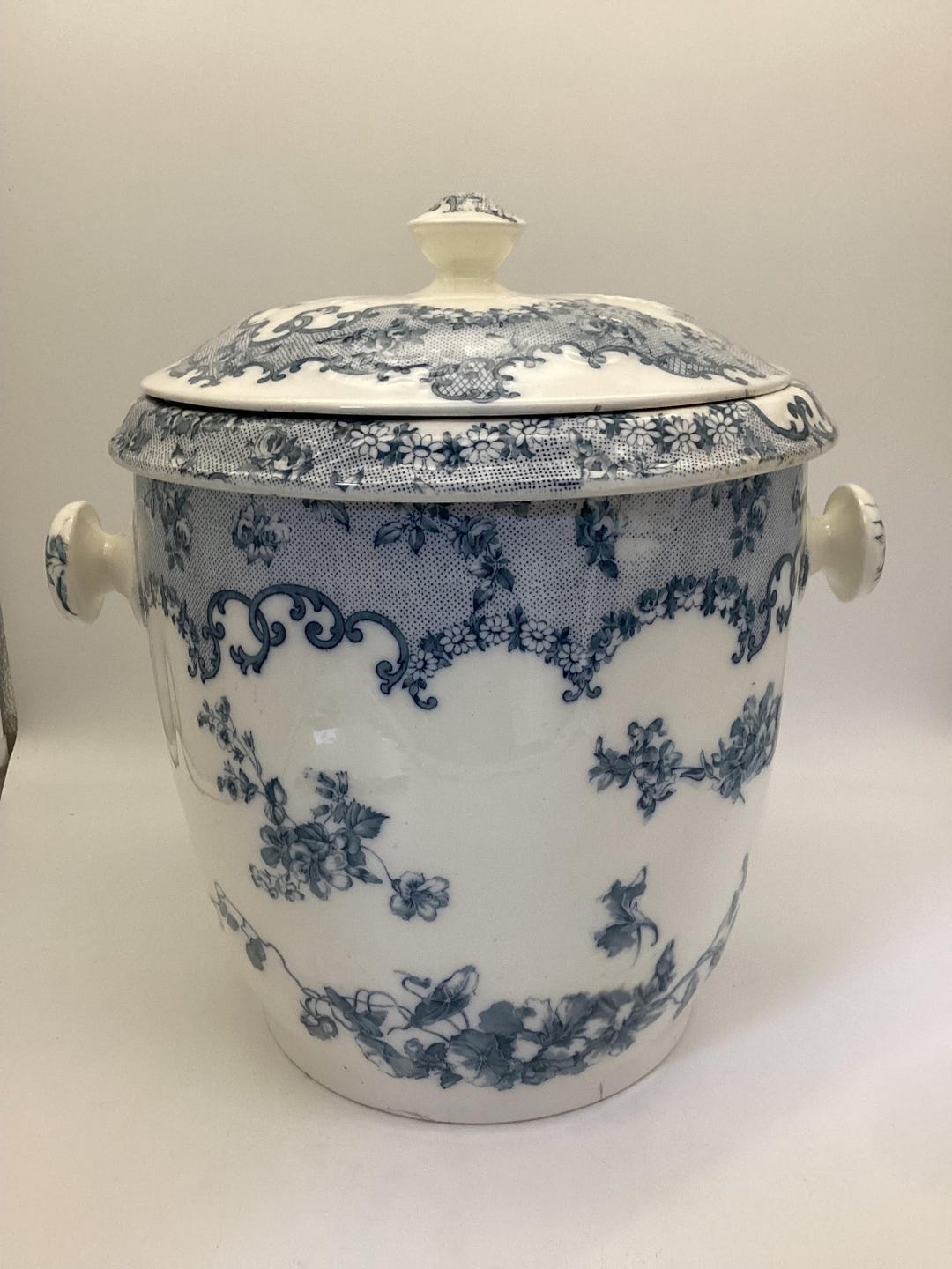 Victorian Blue Transferware Slop Pail: Belmont Pattern, 1896 W/ Lid ...