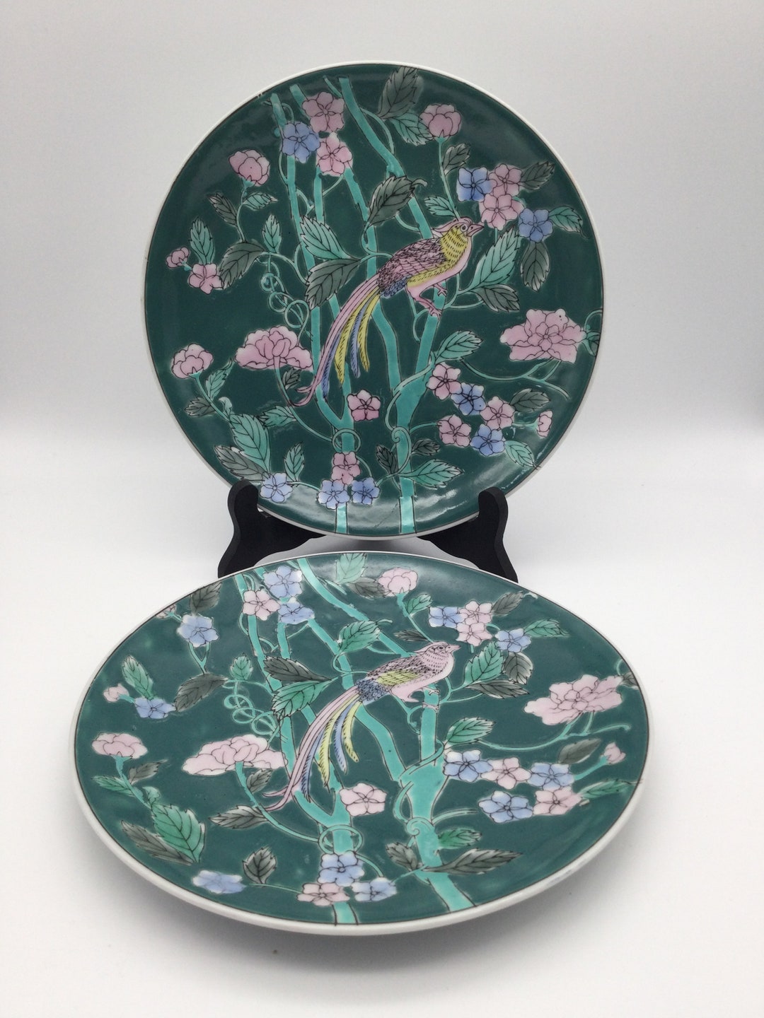 Pair of Chinese Macau Display Plates / Green Tropical Flowers and Birds ...