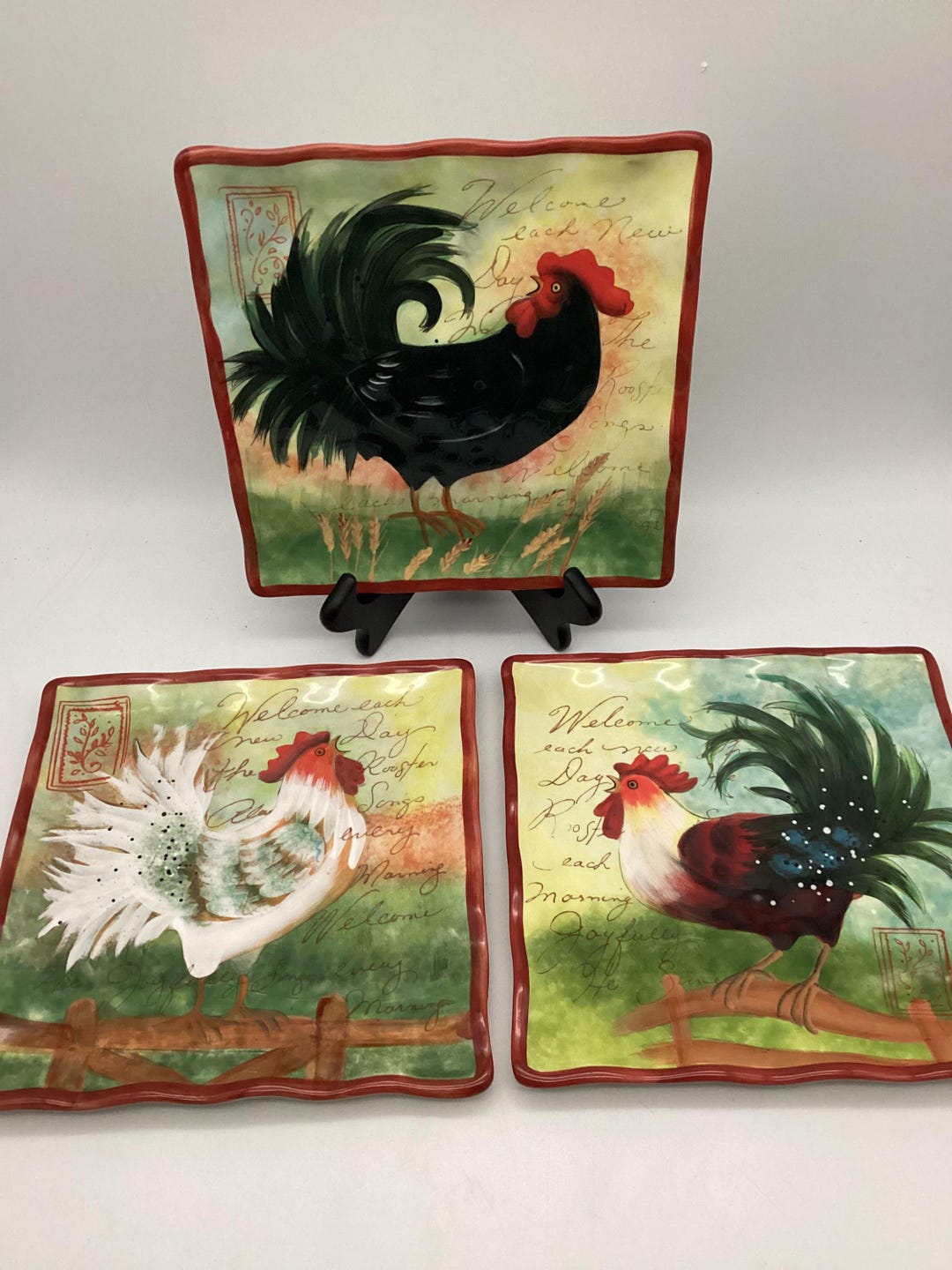 Handpainted Set of 3 Susan Winget Le Rooster Salad Plates / Cabinet ...