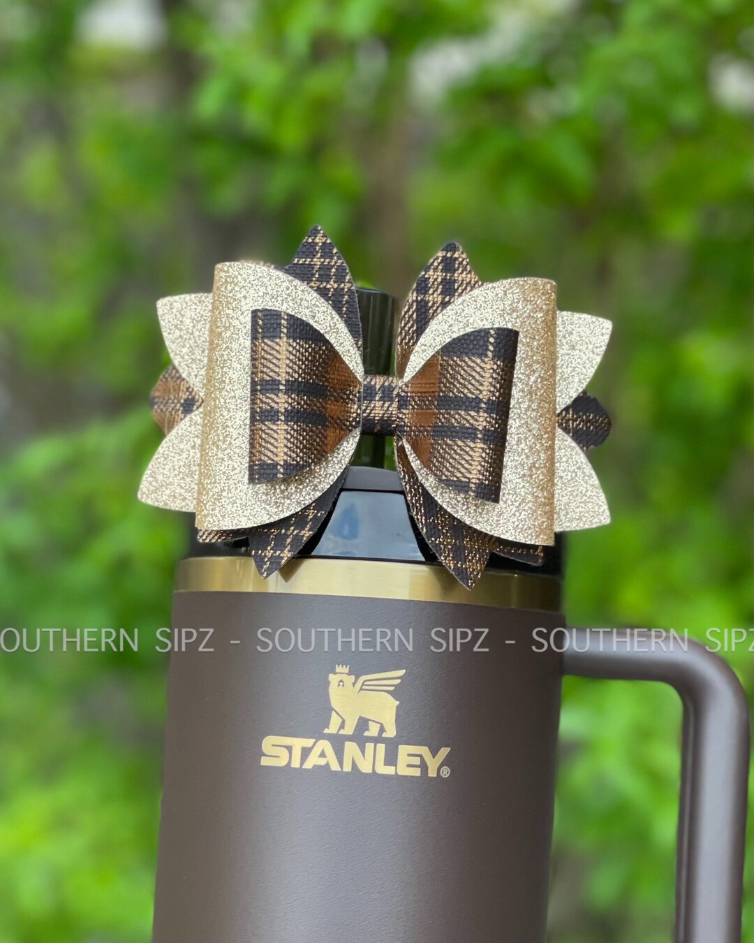 Chocolate Gold Straw Bow, Straw Topper, Tumbler Bow, Plaid Straw Bow ...