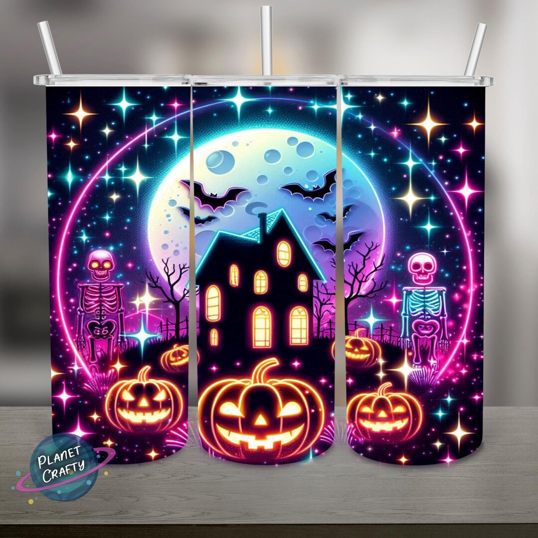 Neon Haunted House, Halloween PNG Design, 20oz Skinny Tumbler Wrap ...