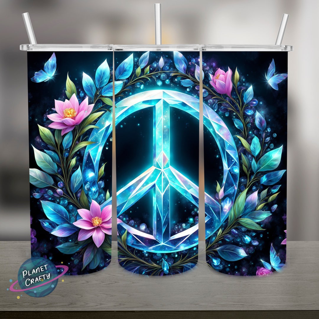 Peace Sign, Crystal Surrounded by Flowers, PNG Design, 20oz Skinny ...