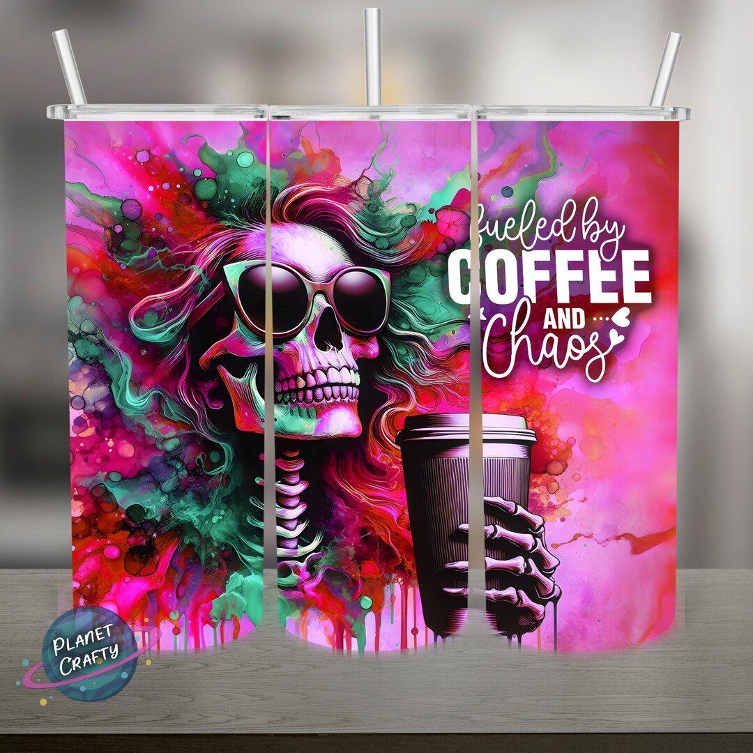 Fueled by Coffee and Chaos, Skeleton PNG Design, 20oz Skinny Tumbler ...