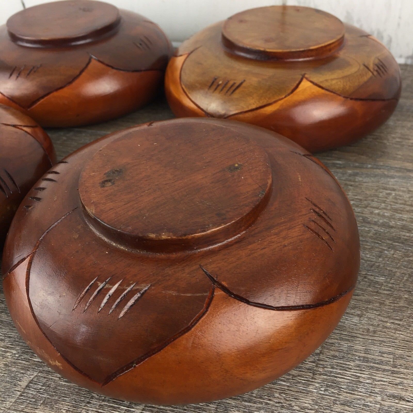 Set of 6 Hand Carved Fish Wooden Salad Bowl Primitive Asian Mid Century ...