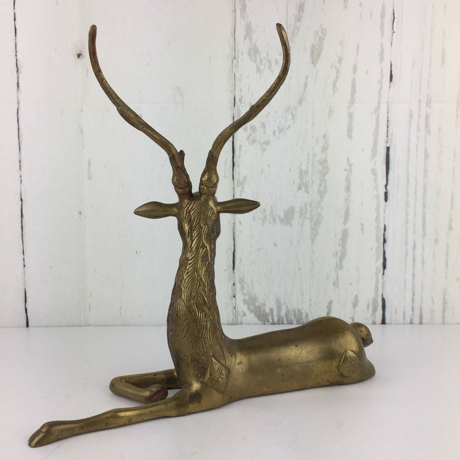 Vintage Brass Gizelle Antelope Impala Statue Large Antlers Laying Down ...